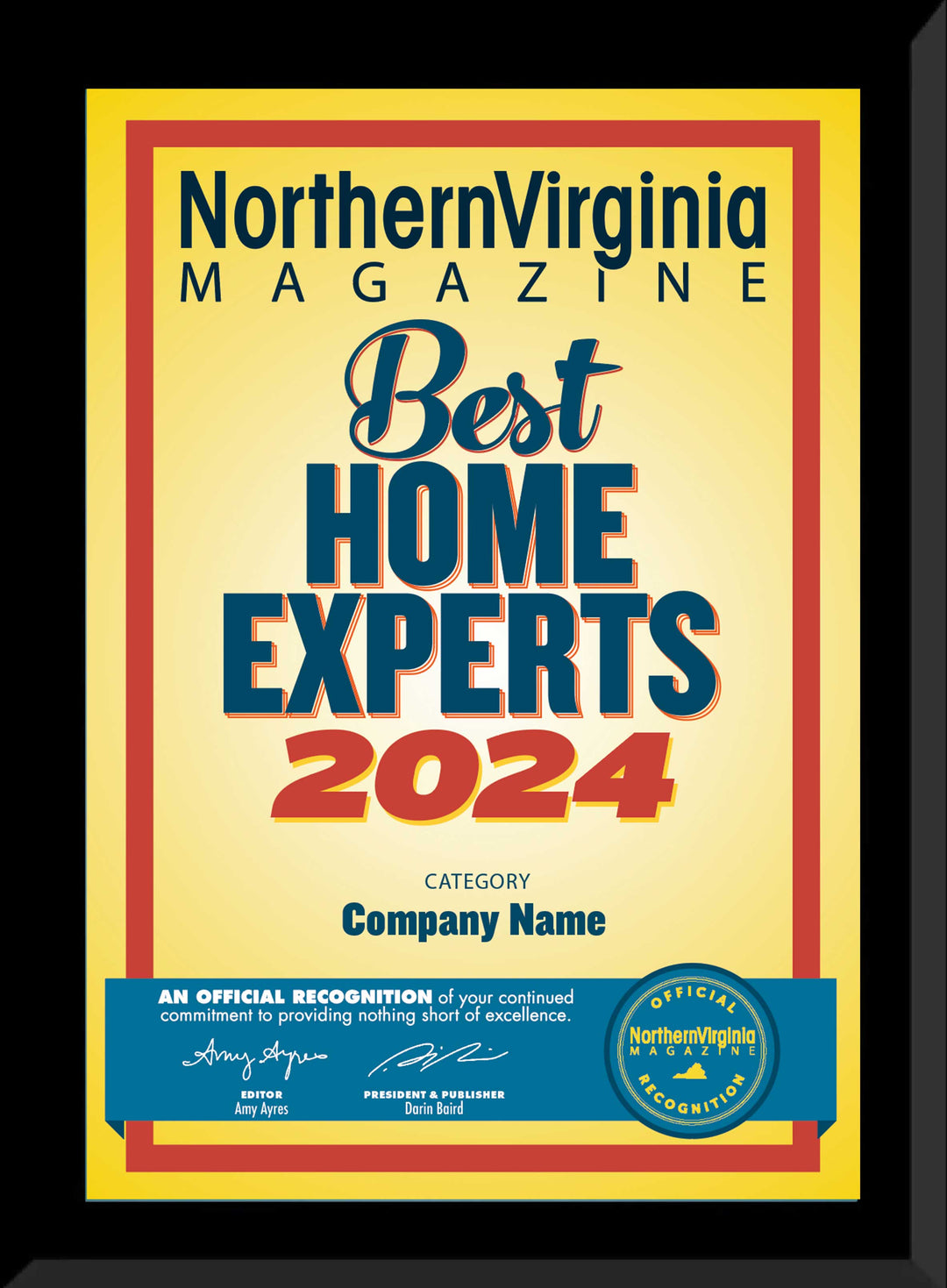 2024 Best Home Experts Plaque – Northern Virginia Magazine