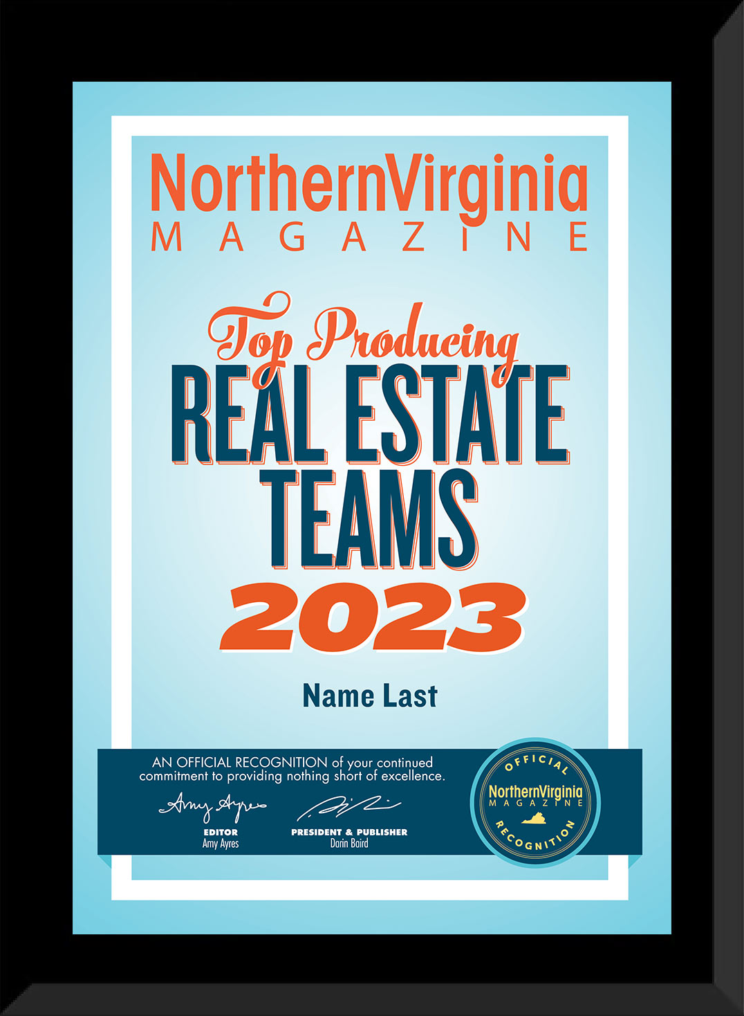 2023 Top Producing Real Estate Teams Plaque – Northern Virginia Magazine
